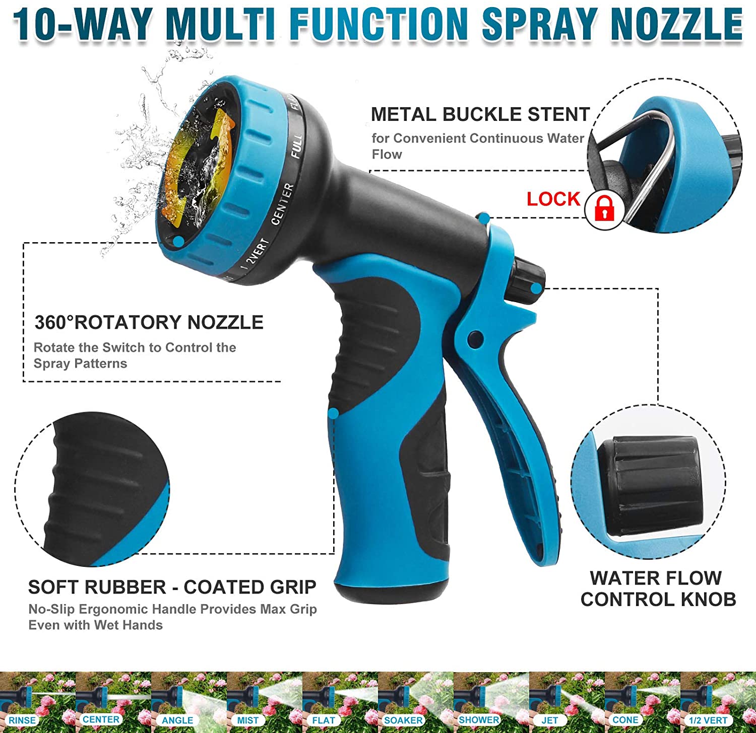 Garden ABS Plastic High Pressure 9 Functions Hose Nozzle Hand Water ...